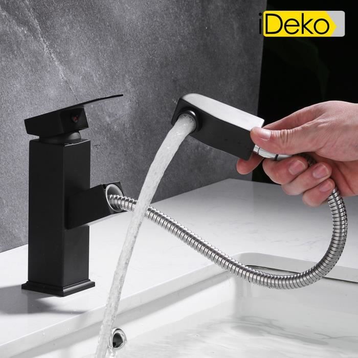 Robinet lavabo salle de bain iDeko® avec doucette tirage Noir - famille ...