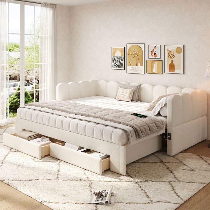 Lit Banquette Extensible 90x200 en 180x200 avec 2 Tiroirs, Ports USB et ...