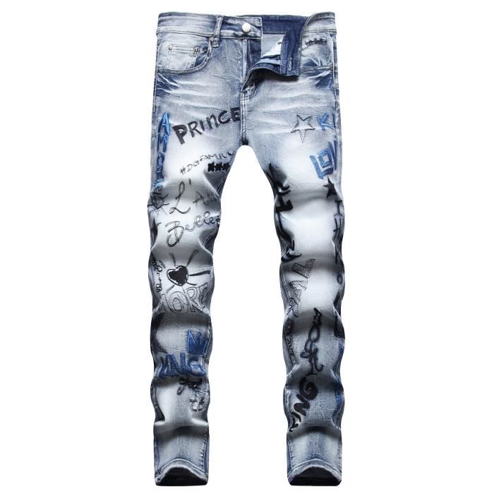 Jeans Homme Slim Fit Embroidery Jean Stretch 5 Poches Effet Blanche ...