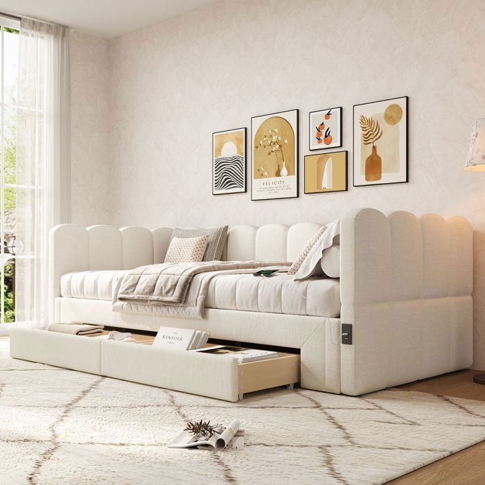 Lit Banquette Extensible 90x200 en 180x200 avec 2 Tiroirs, Ports USB et ...
