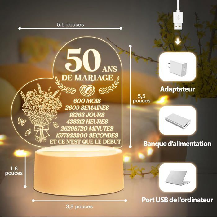 Cadeau Anniversaire 50 Ans De Mariage, Veilleuse En Acrylique, Cadeau ...