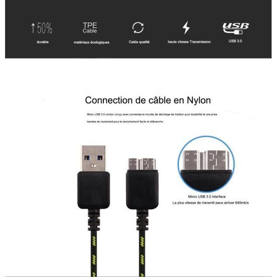 Samsung Galaxy Note 3 Câble en Nylon-USB 3.0 à vers Micro B Noir – 1M ...