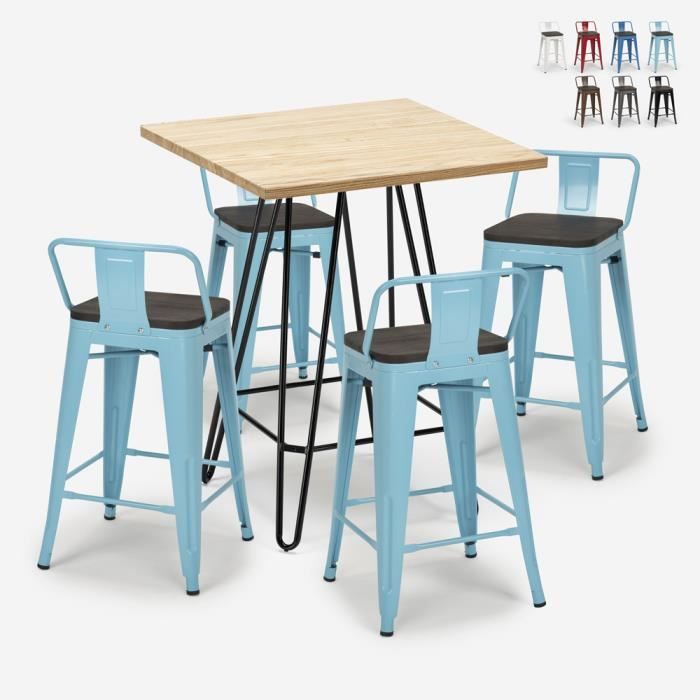 Ensemble 4 Tabourets Tolix Table Haute Bois Métal 60x60cm Industriel ...