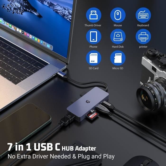 Hub Usb C 7 En 1, Adaptateur Usb C Avec Double Affichage Hdmi 4K, 100W Type C Pd, 3 Usb 3.0 ...