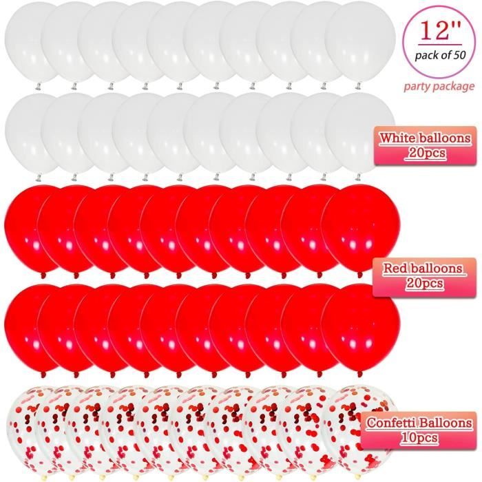 Lot De 50 Ballons Rouges Et Blancs En Latex Avec Confettis Rouges De 30 ...