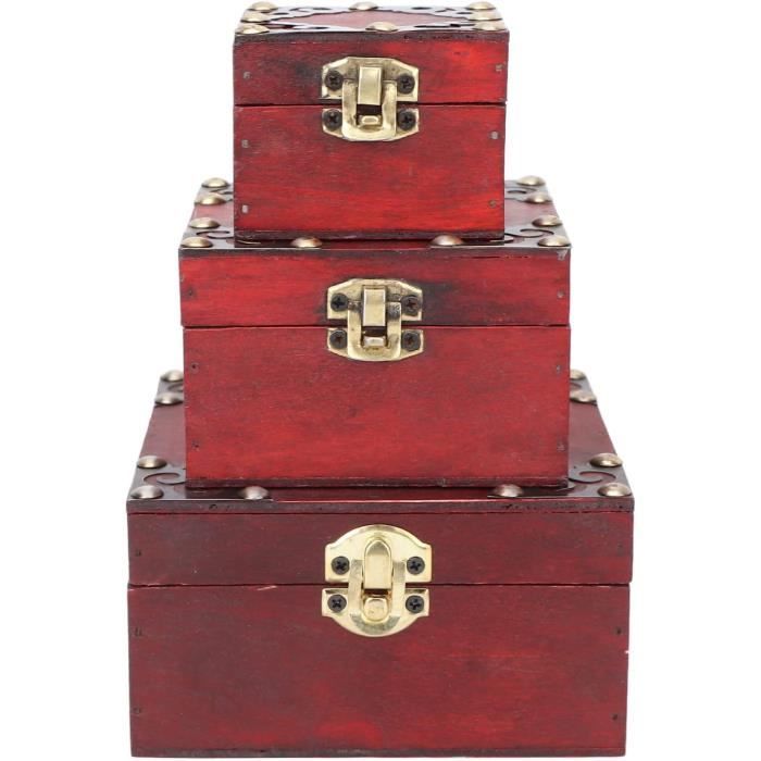 3Pcs Différentes Tailles Boîte De Rangement En Bois Rouge Rétro, Grande ...