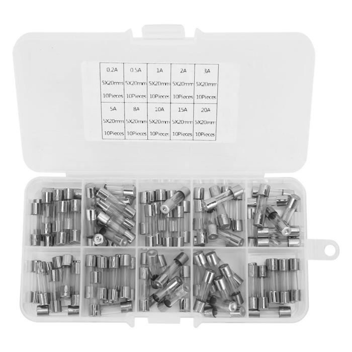 Fusibles en verre Kit assorti, 100 pièces fusible en verre 0,2 / 0,5 / 1/2/3/5/8/10/15 / 20AMP ...