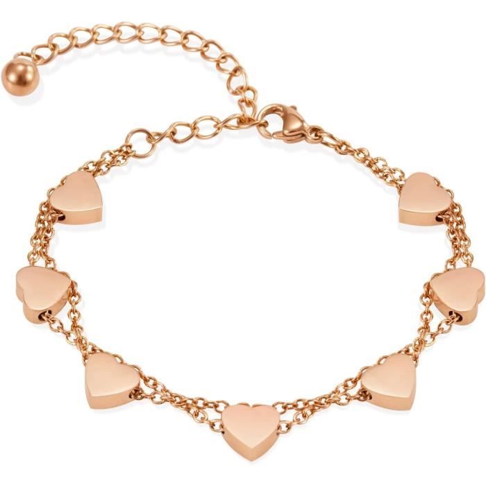 Bracelet Coeur Femmes Réglable Bracelet Double Chaîne Dames Or Rose ...