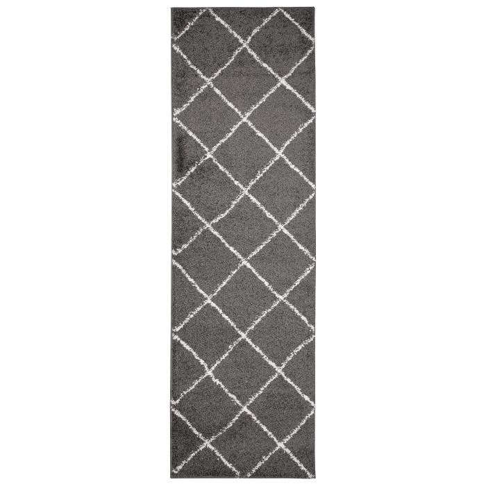 TAPISO Tapis Couloir Shaggy Poils Longs DELHI Gris Fumé Crème Losanges Polypropylène Intérieur ...