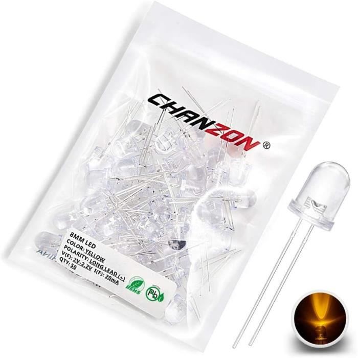50 Pcs 8Mm Jaune Led Diode Lumières (Clair Rond Transparent Dc 2V 20Ma ...