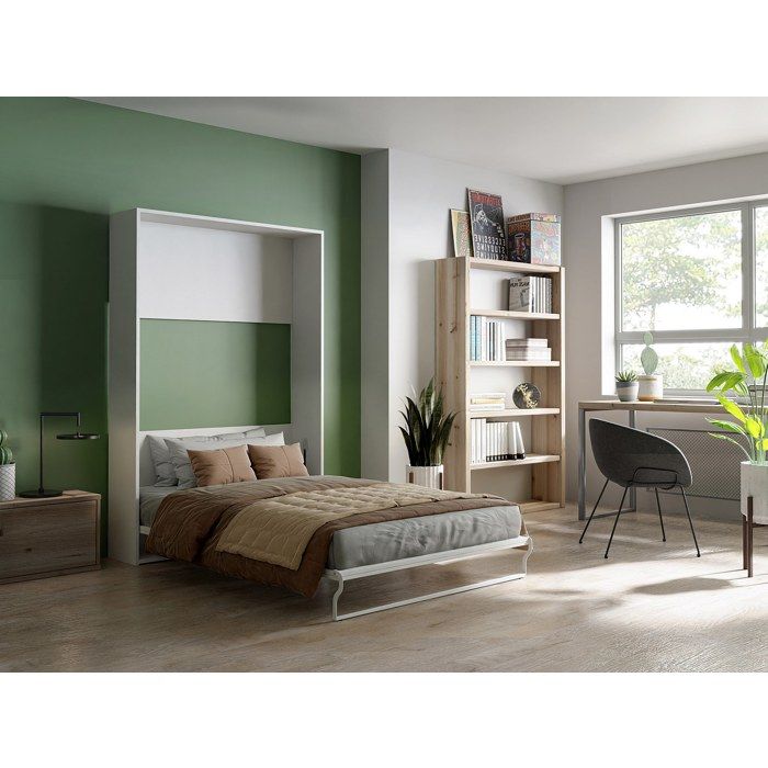 Lit escamotable 140 x 200 cm - Ouverture verticale manuelle - Blanc ...