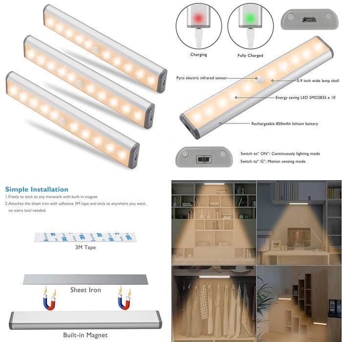 Lampe Détecteur de Mouvement - 10 LED - USB Rechargeable - Blanc Chaud ...