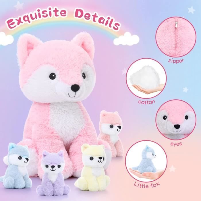 MorisMos Peluche Renard, 48cm Rose Renard Maman avec 4 Kawaii Renard ...