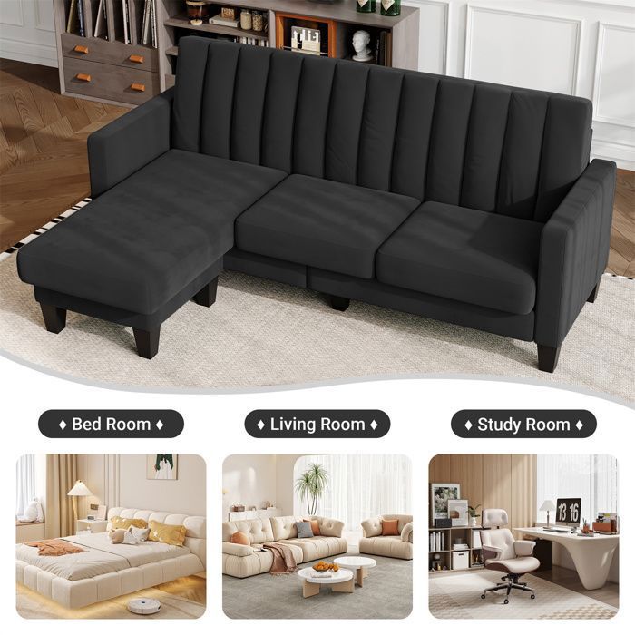 Canapé d'angle réversible 3 places en velours Noir,Canapé Scandinave ...