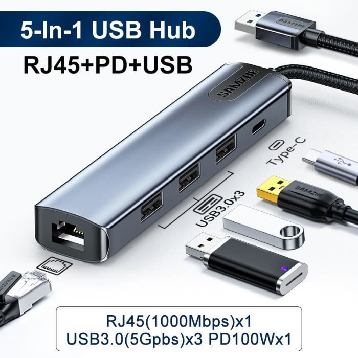 CONCENTRATEUR USB 5 en 1 - Hub Usb Type-c Hdmi 4k Rj45 Pd 100w ...