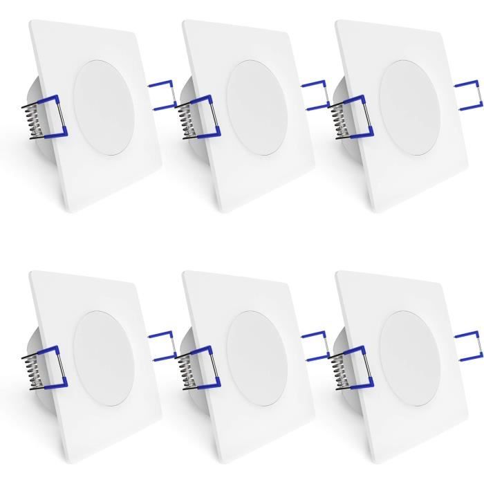 Lot de 6 spots LED encastrables plats pour salle de bain - 6,5 W 230 V - Blanc chaud - Carré ...
