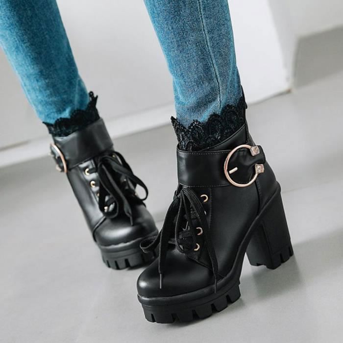 Mode femmes talon haut épais à lacets bottines plate-forme chaussures d ...