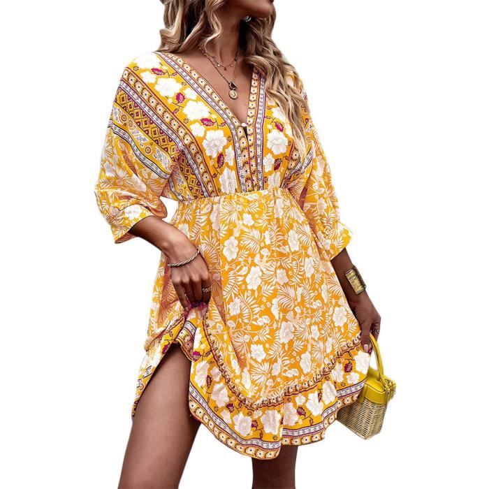 Minetom Robe Été Femme de Plage Robes Col V Lâche Manches Longues ...