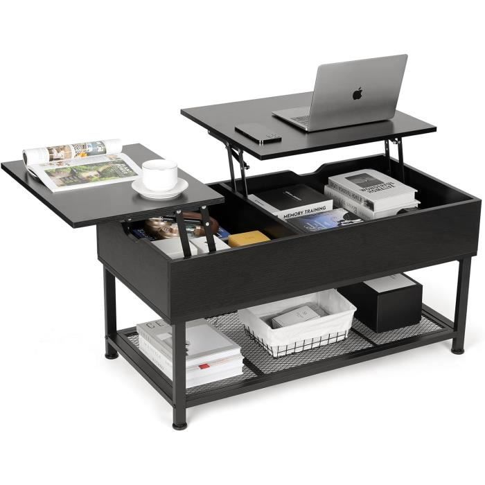 VOWNER Table Basse Relevable avec Étagère de Rangement et Compartiment ...