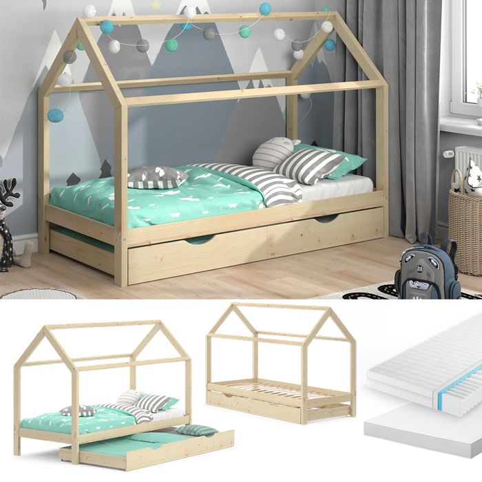 Lit cabane Wiki, 90x200 cm avec lit d'appoint et 2 matelas, Marron ...