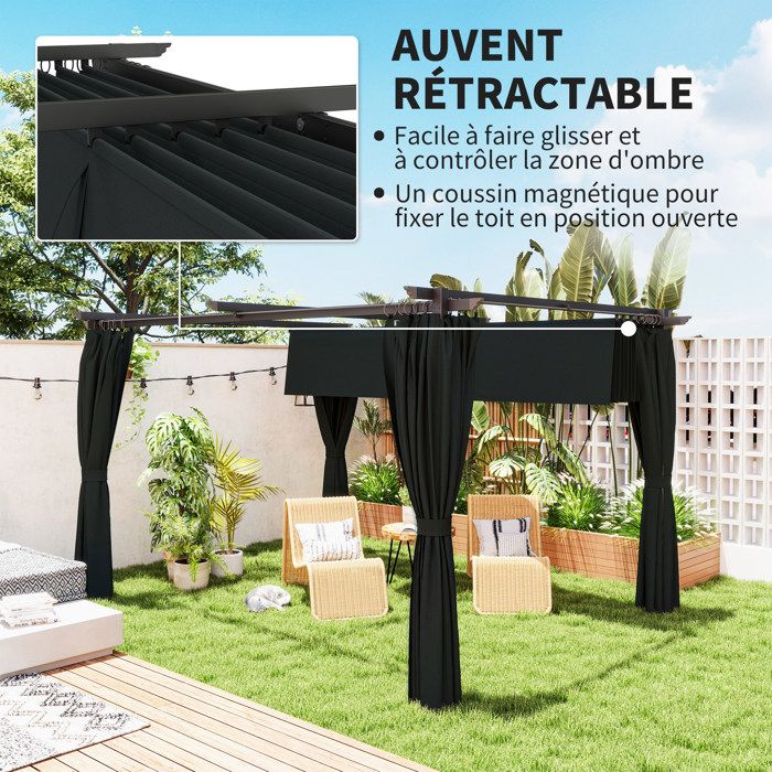 Pergola rétractable 4x3m Pergola Aluminium métal avec Rideau et Toit ...