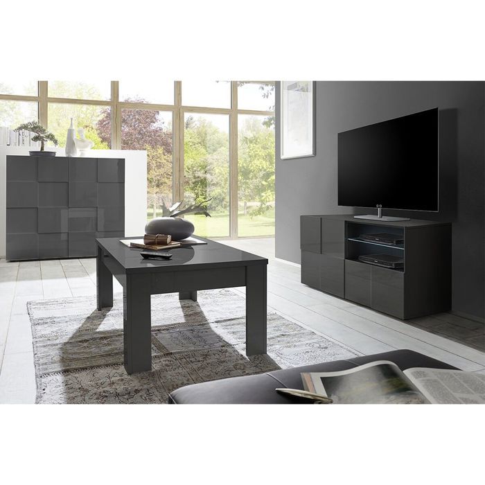 REBECCA - Ensemble Salon complet Meuble TV 121 cm Laqué Gris Carbone ...