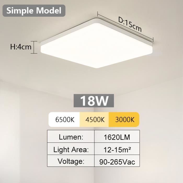 (Simple model-18W/Natural Light)Plafonnier en LED carré, éclairage d ...