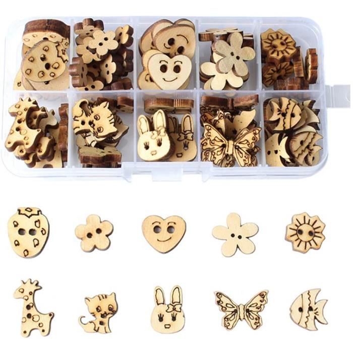 Bouton,Boutons en Bois Boîte de 100 Bouton Bois 10 Styles Boutons en ...