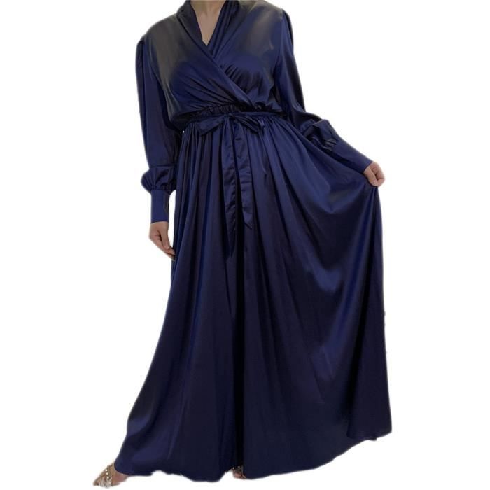Femme Robe Long Col V Robe Manches Longues Avec Ceinture Unie Elégante ...