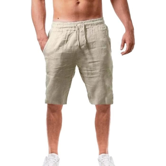 Short en coton et lin pour homme - Beige - Coupe slim - Décontracté ...