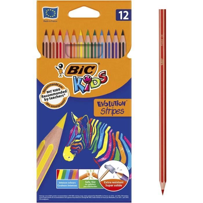 BIC 950522 Kids Evolution Rayures Crayons de couleur – Couleurs assorties (Lot de 12)459 ...