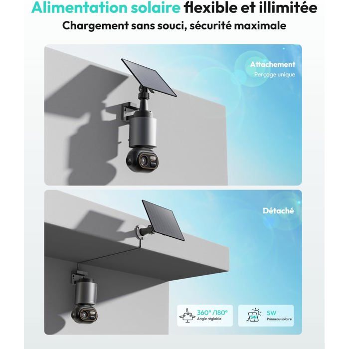 Caméra de Sécurité BOTSLAB 4K Kit de 2 Caméras PTZ 360° Solaire Vision ...