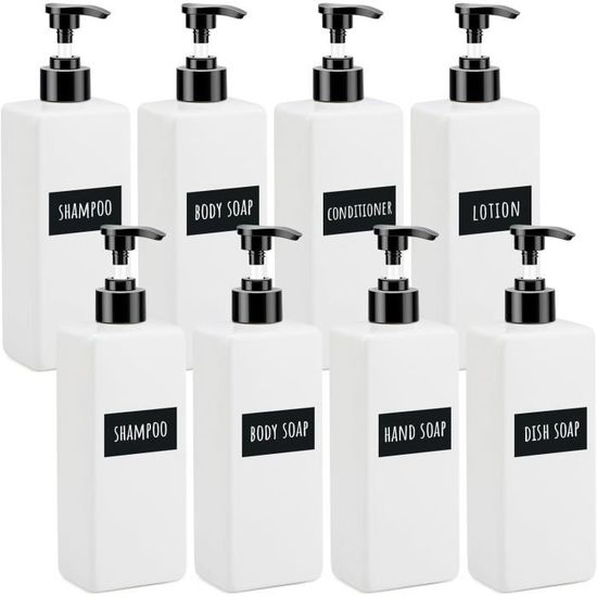 Distributeur Shampoing et Gel Douche, 8 Pièces Flacon Pompe Vide 500ml, Distributeur Savon Blanc ...