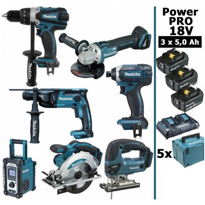 Pack Makita Power PRO 7 outils 18V: DDF458 + DHR202 + DGA504 + DTD152 ...
