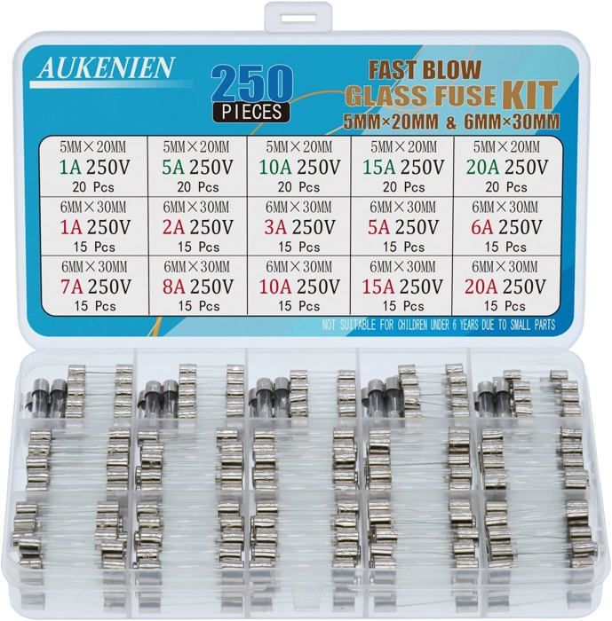 AUKENIEN 250 Pièces Fusible en Verre 5 Valeurs 5x20mm 1A 5A 10A 15A 20A 10 Valeurs 6,3x32 6x30 ...