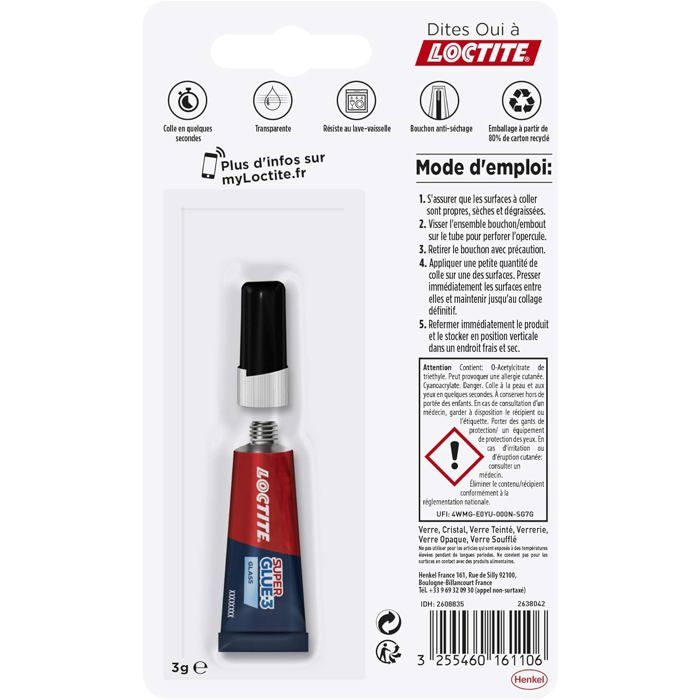 Loctite Super Glue-3 Spécial verre,colle forte pour des collages verre ...