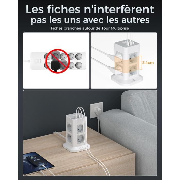 Multiprise Usb C Avec Rallonge Electrique 10M, 8 Prises Tour Multiprise ...