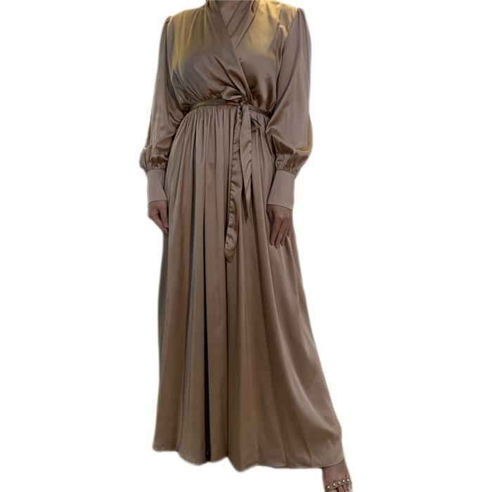 Femme Robe Long Col V Robe Manches Longues Avec Ceinture Unie Elégante ...