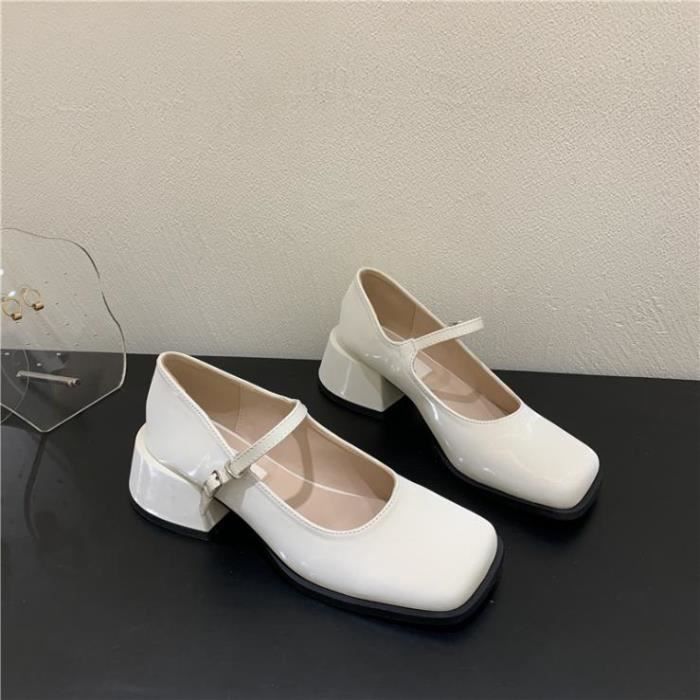 Escarpins Femme talon bloc vintage en cuir verni mary jane - Blanc ...