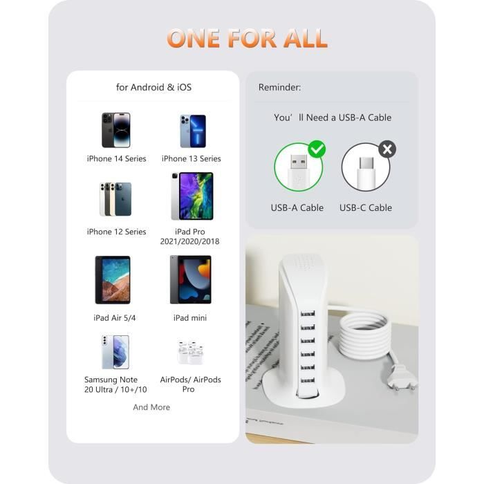Chargeur Usb Multiprise 50 W 6 Ports Usb Pour Téléphone Portable Iphone ...