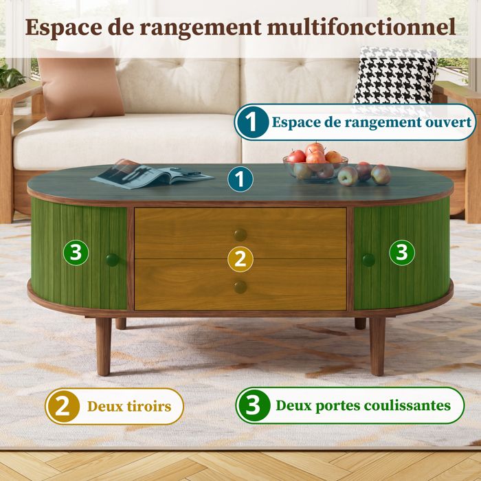 Table Basse Ovale 100x50x40 cm, Table de Salon Rangement, 2 Tiroirs ...