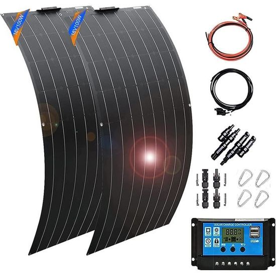 Kit de Panneau Solaire Flexibles 200 W, 2 x 100W 18V Kit Panneau Solaire Monocristallins Module ...