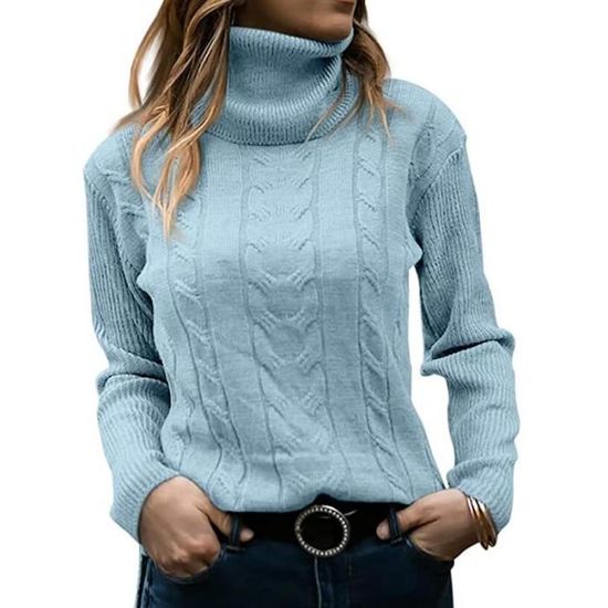 Pull Femme - MP61273802 - Col Roulé Tricoté - Manches Longues - Bleu Clair Bleu clair ...