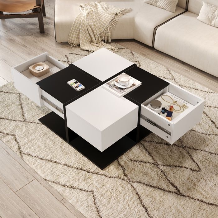 Table Basse Carrée Moderne avec 2 Tiroirs et Rangements, Meuble Bas ...