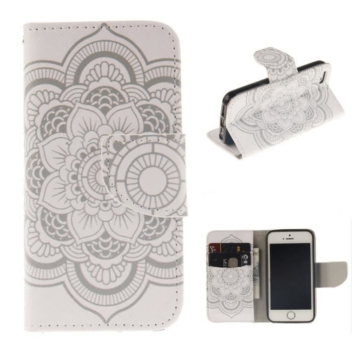Apple iphone 5 5S Blanc Ronde Fleur style Romantique Mode PU Cuir Etui ...