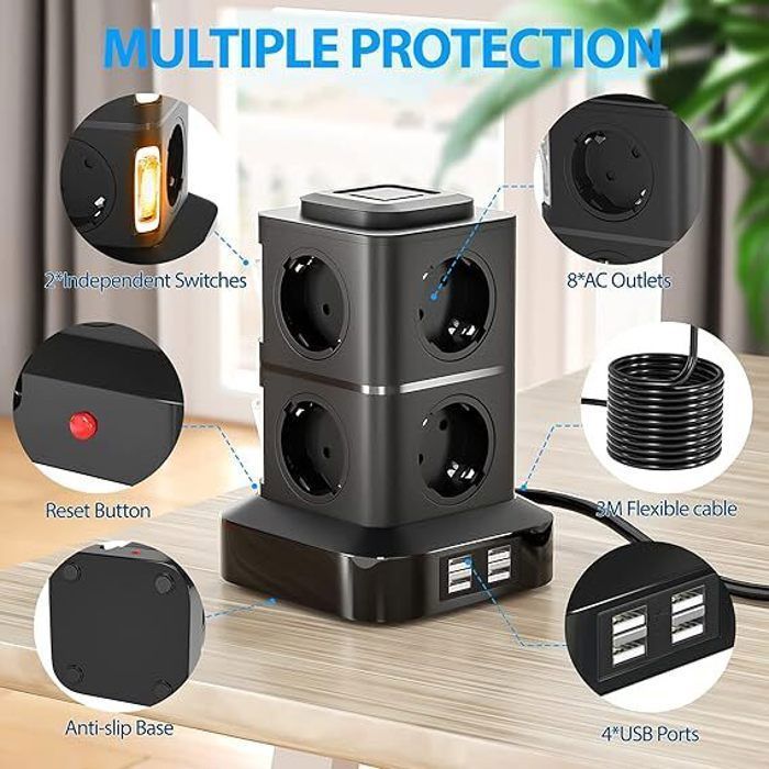 12 en 1 Multiprise Electrique 8 Prises et 4 USB-C (Max 5V/3.1A ...