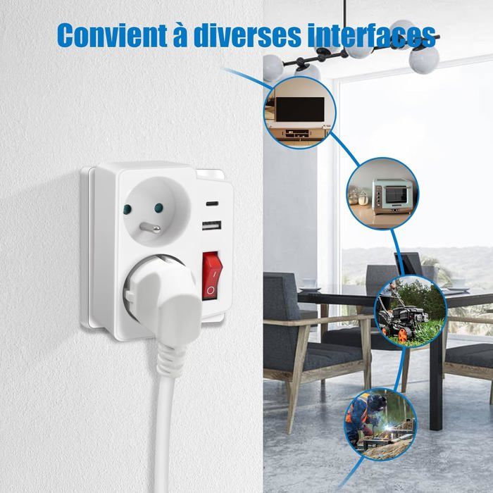 Multiprise Murale,Adapteur Fiche Multiprise Biplite avec Interrupteur ...