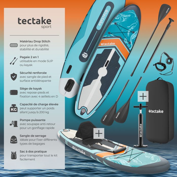 STAND UP PADDLE - TECTAKE - Planche de paddle debout 2en1 gonflable ...
