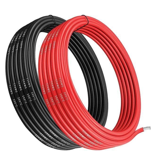 Fil de silicone de calibre 12, câble électrique 12 AWG 5 m [2,5 m noir et 2,5 m rouge], flexible ...