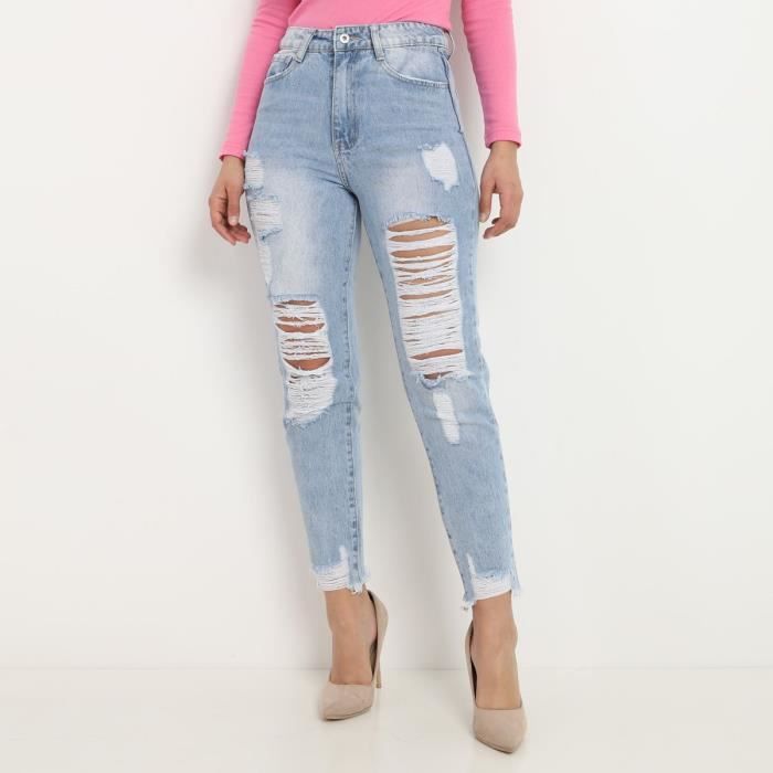 Jeans bleu clair à taille haute déchiré et effiloché Bleu - Cdiscount ...